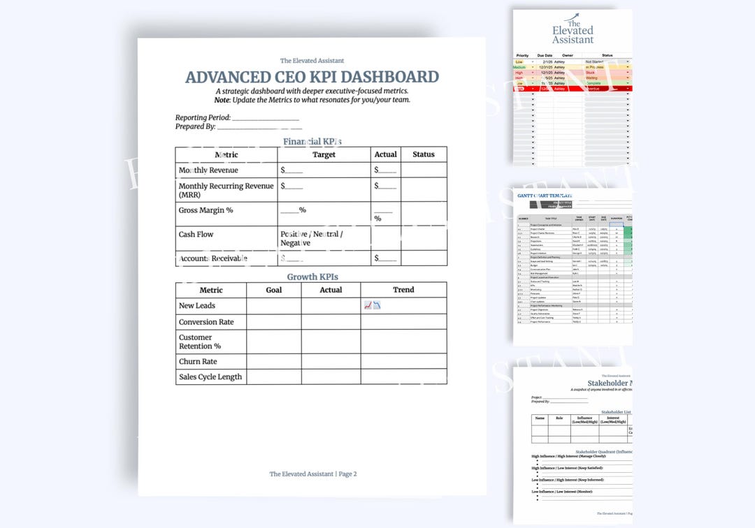 EA KPI & Project Dashboard Pack | Executive Assistant Reporting ...