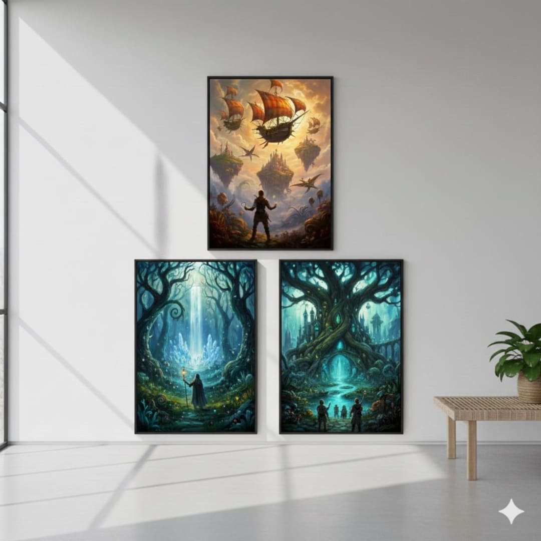 Digital Fantasy Landscape Wall Art, Mystical Forest Poster Set, Digital ...