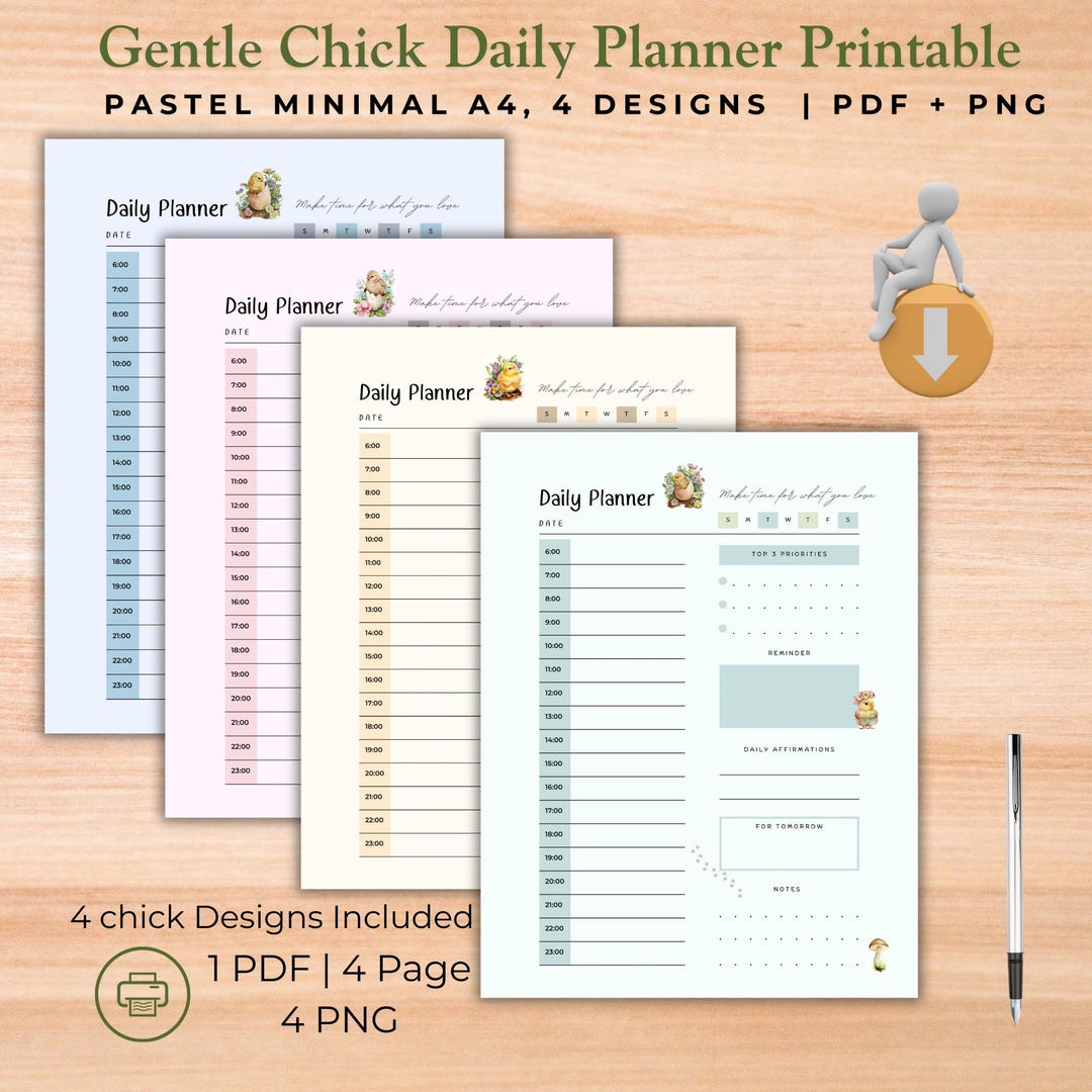 Gentle Chick Daily Planner Printable, Pastel Minimal A4, 4 Designs ,PNG ...