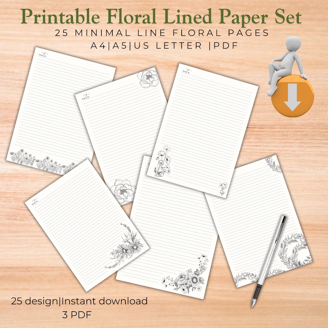 Printable Floral Lined Paper Set | 25 Minimal Line Floral Pages | A4 A5 ...