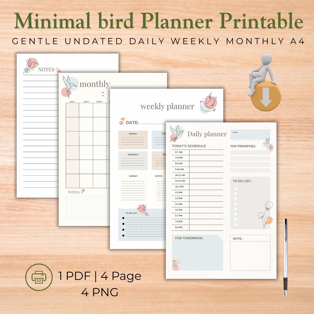 Minimal Bird Planner Printable | Gentle Undated Daily Weekly Monthly ...