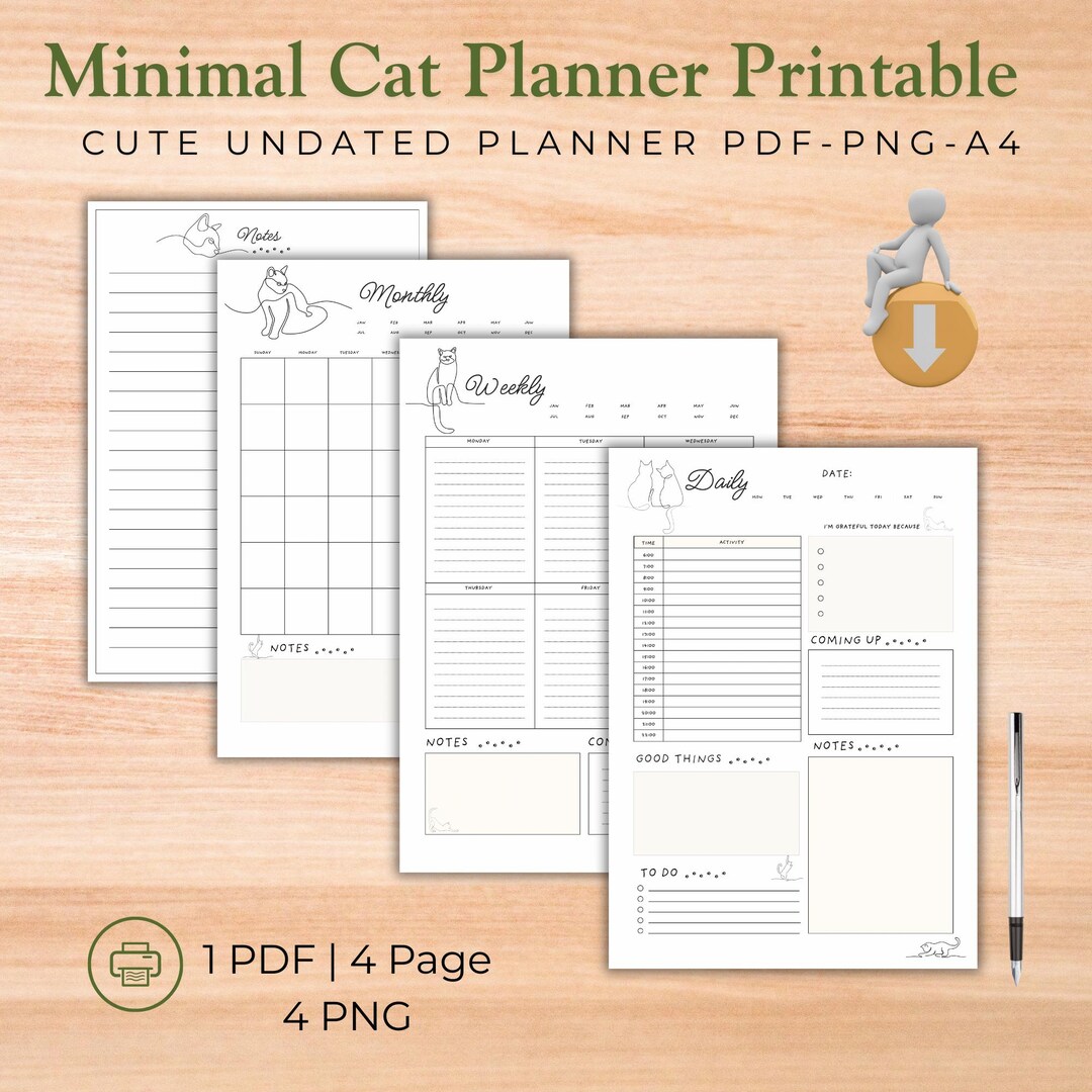 Minimal Cat Planner Printable - Undated Daily Weekly Monthly Planner ...