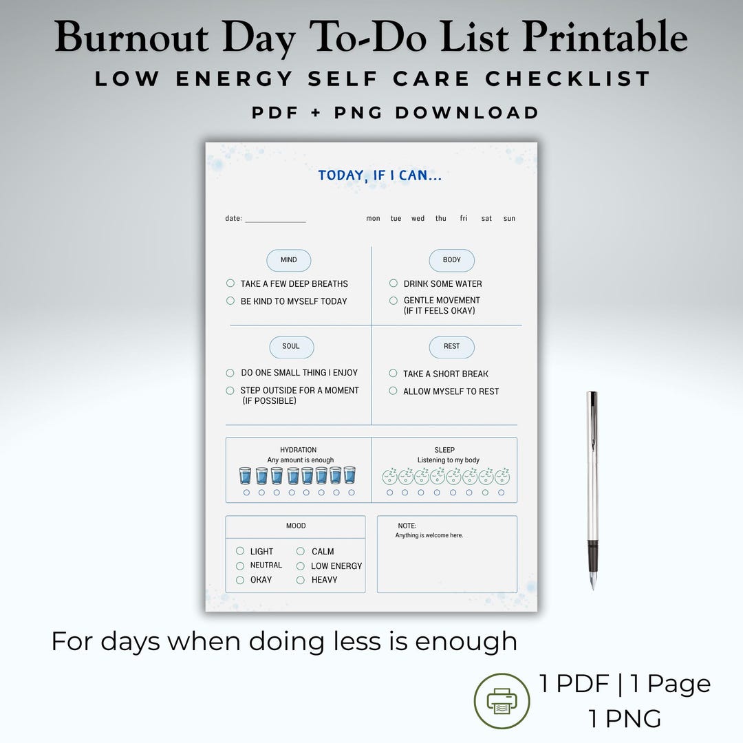 Burnout Day To-do List Printable | Low Energy Self Care Checklist | PDF ...