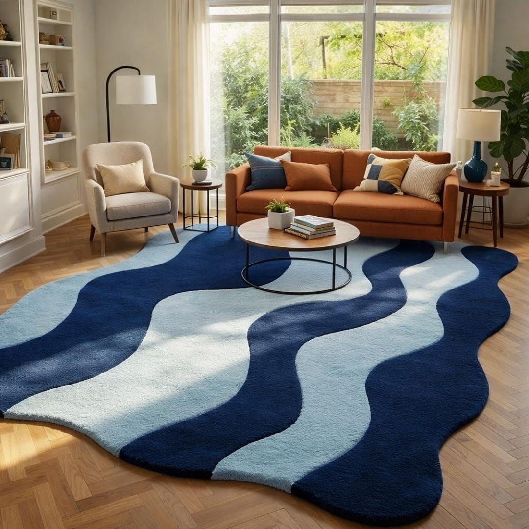 Modern Blue Wave Area Rug, Hand Tufted Abstract Plush Carpet for Living ...
