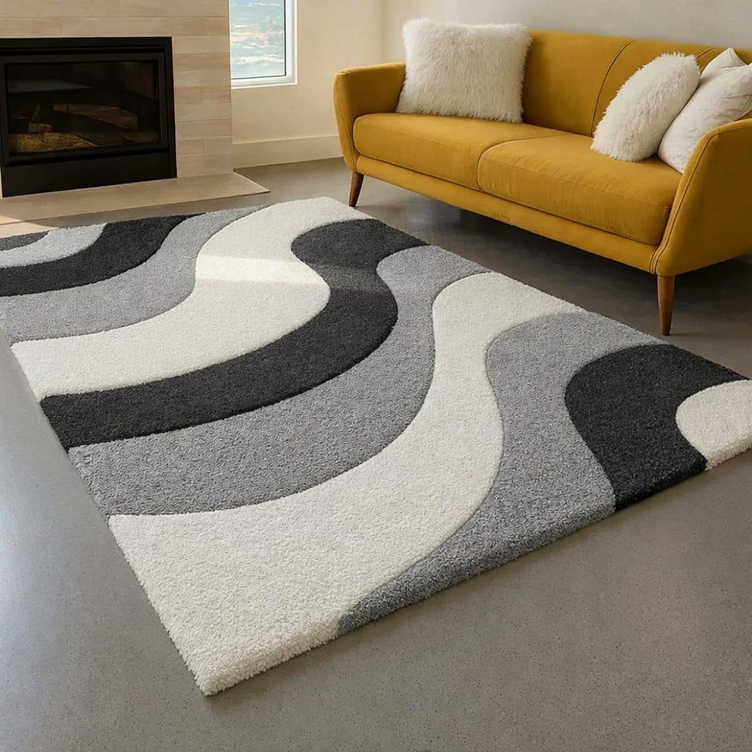 Modern Abstract Area Rug Grey Black White | Contemporary Wave Pattern ...