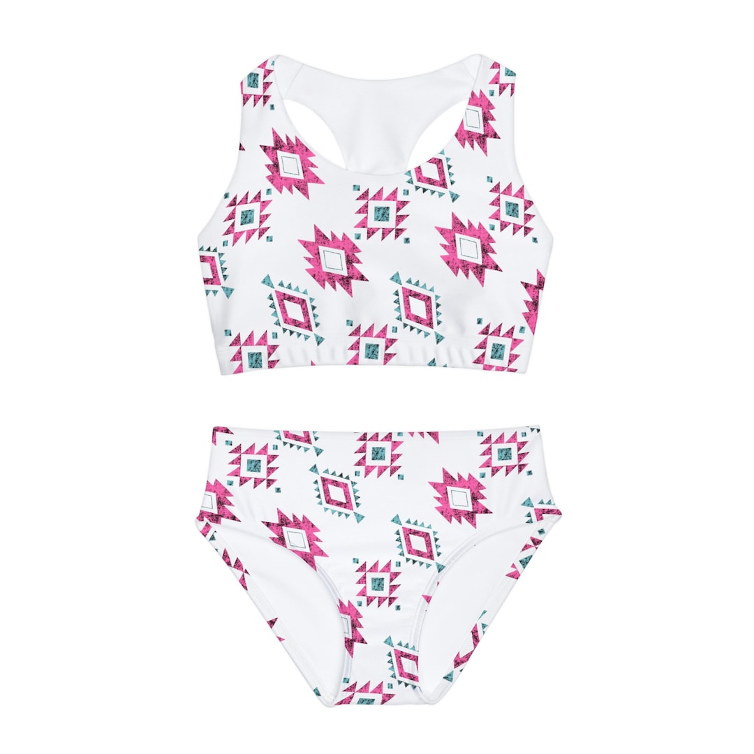 Girls Aztec Western Southwestern in White Two Piece Swimsuit Bathing ...
