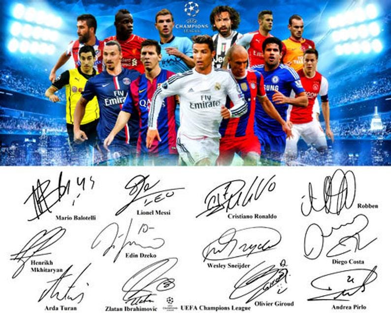 Champions League Legends Poster, Signed Football Stars Print, Sports ...