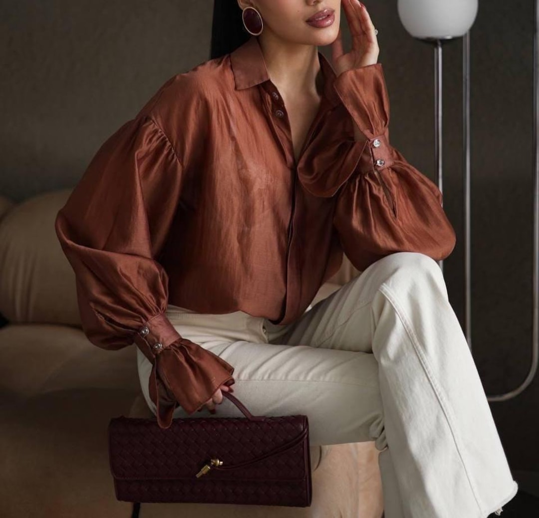 Sheer Organza Blouse - Terracotta Button up Blouse With Statement ...