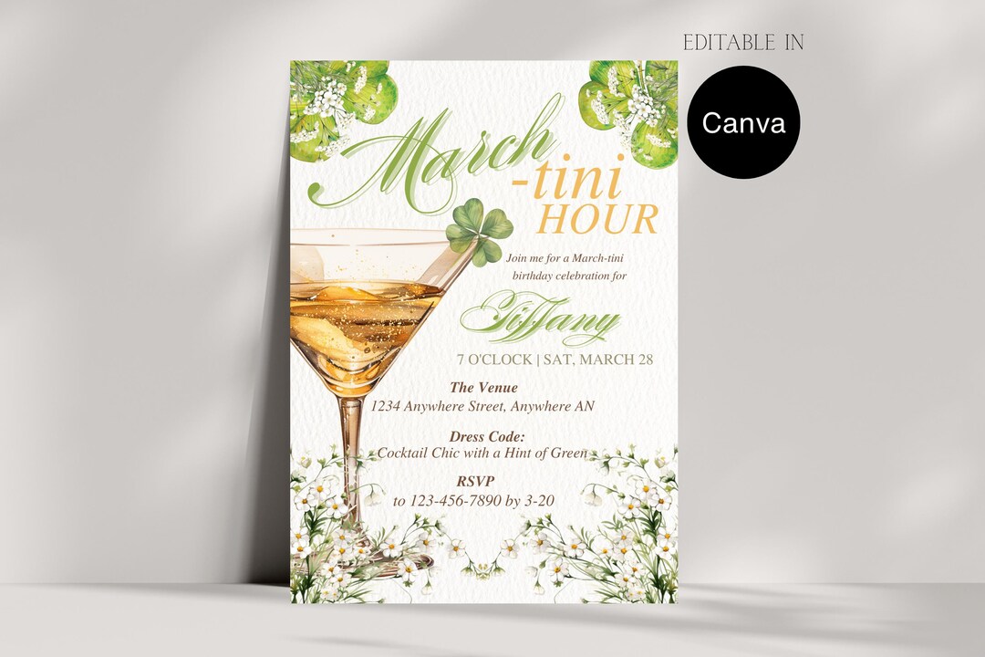 March-tini Birthday Invitation | Editable Cocktail Party Invite ...