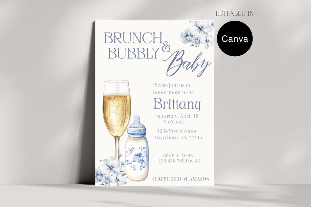Toile Bubbly Brunch Baby Shower Invitation | Editable Template - Etsy