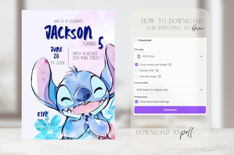 Stitch Birthday Invitation Editable, Blue Tropical Cartoon Party Invite ...