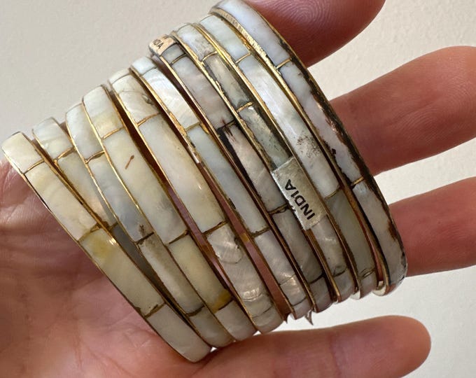 Vintage Mother of Pearl and Golden Brass Closed Bangle Bracelet - Cream ...
