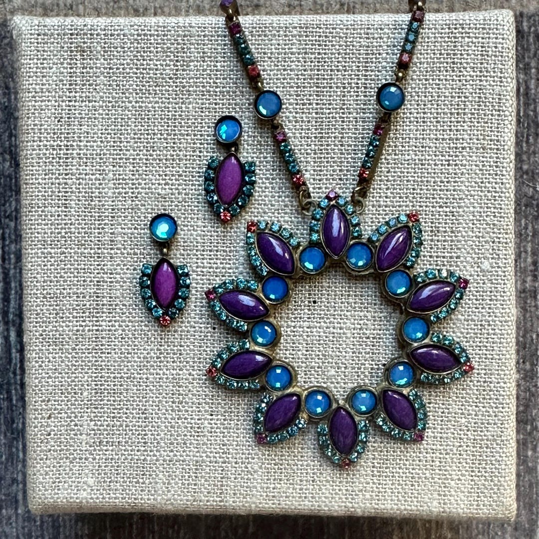 Vintage SORRELLI Turquoise & Purple Swarovski Crystal Necklace Earring ...