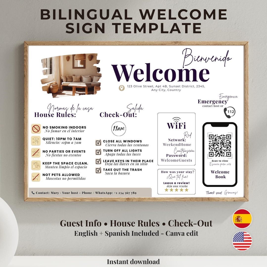 Bilingual Welcome Sign Template | Airbnb Guest Info & House Rules ...