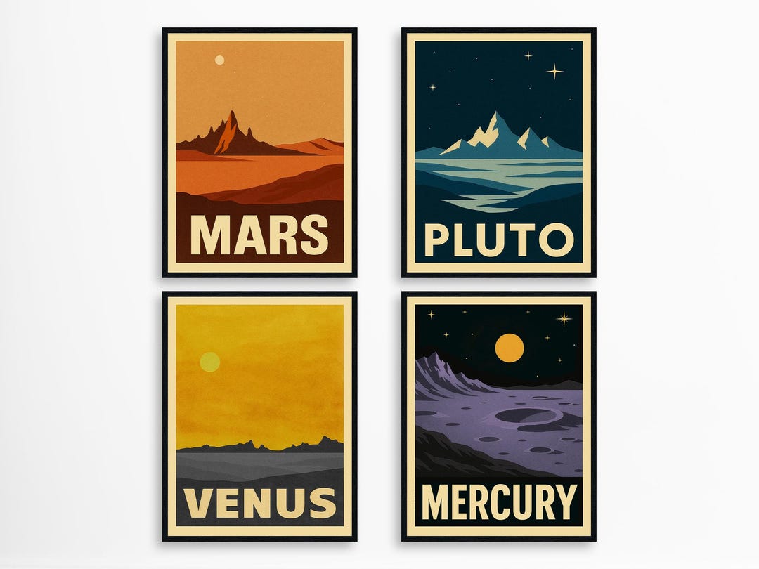 Retro Planet Poster Set (4) – 11x14 Mid Century Solar System Wall Art ...