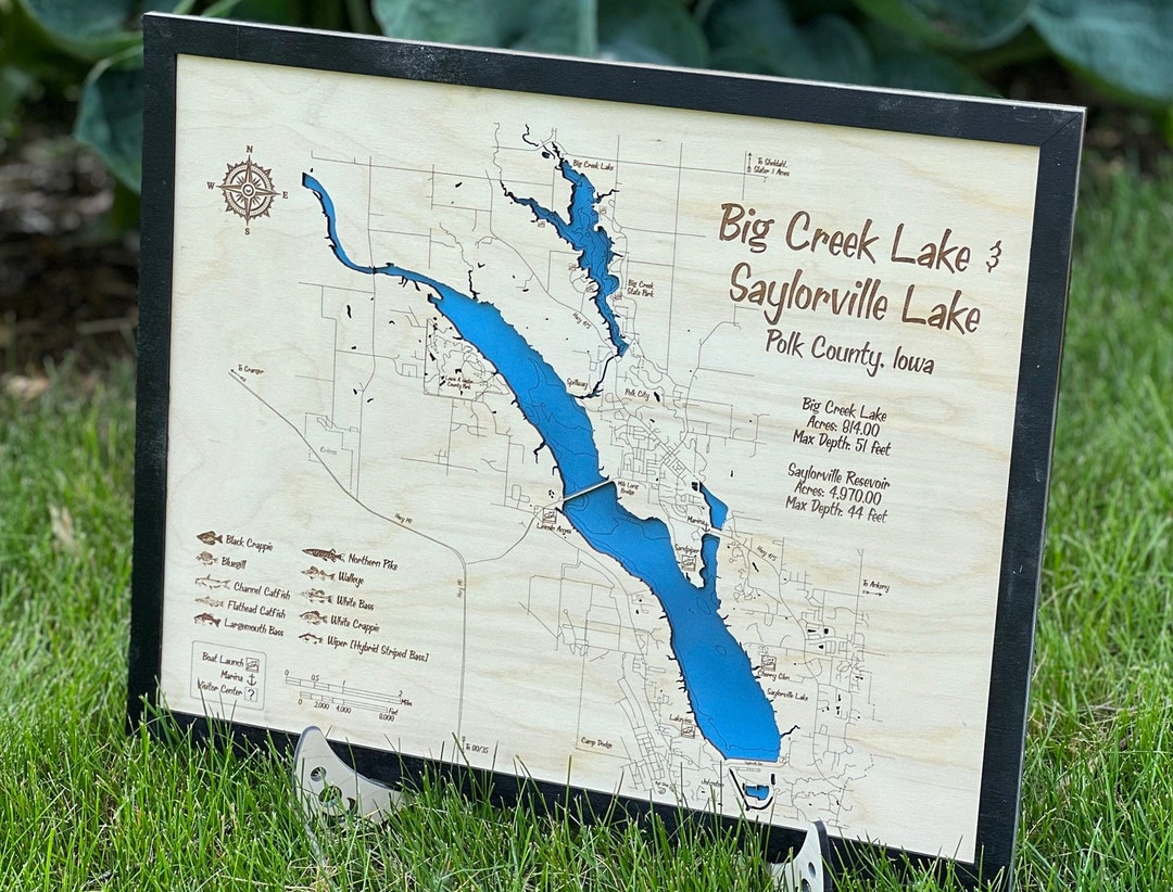Laser Cut Engraved Wood Lake Map - Saylorville Lake and Big Creek Lake ...