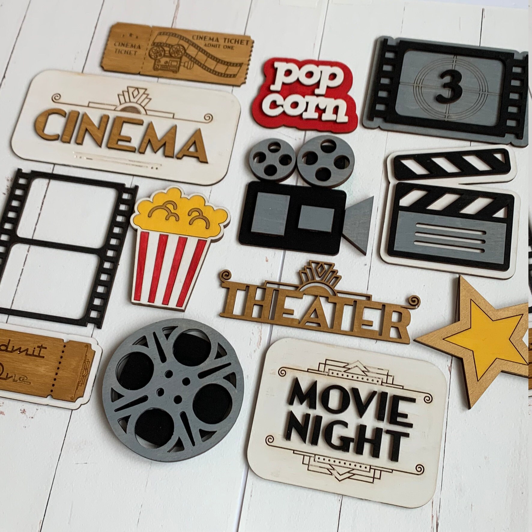 Ornaments Laser Cut Wood Painted Art Deco Movie Night Theme Tiered Tray ...