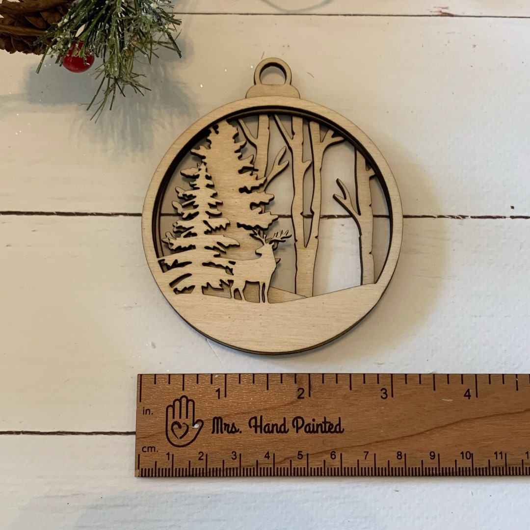 Laser Cut Wood Layered Ornament - Reindeer and Woodland Scene, Pine ...