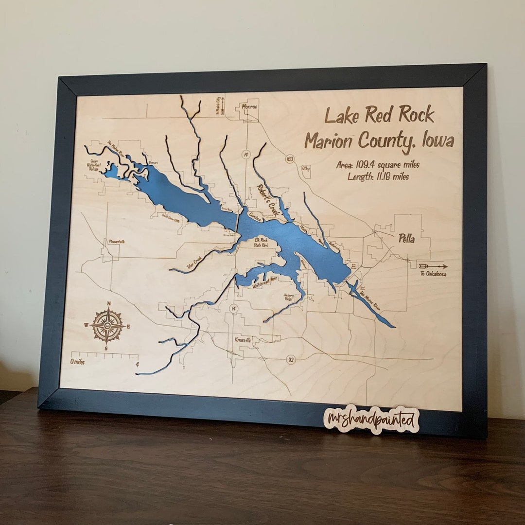 Laser Cut Engraved Wood Lake Map - Lake Red Rock - Marion County Iowa ...
