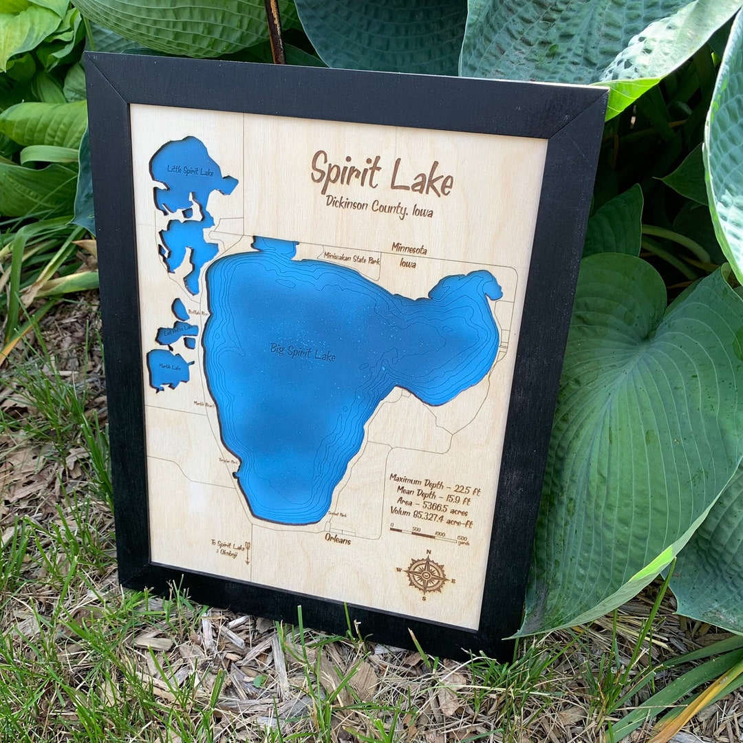 Laser Cut Engraved Wood Lake Map - Spirit Lake, Dickinson County, Iowa ...