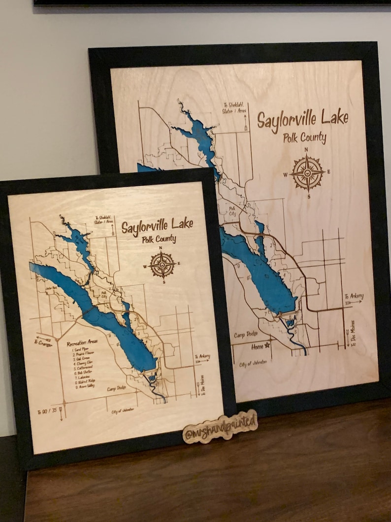 Laser Cut Engraved Wood Lake Map Saylorville Lake Map Des - Etsy India