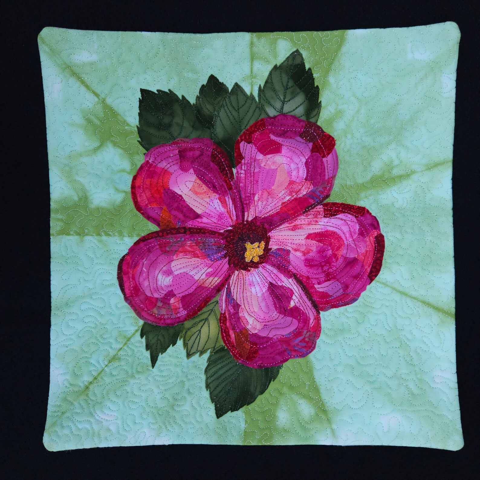 Fabric Collage Hibiscus Art Quilt OOAK 11" X 11" Fiber Wall Art, Ready ...