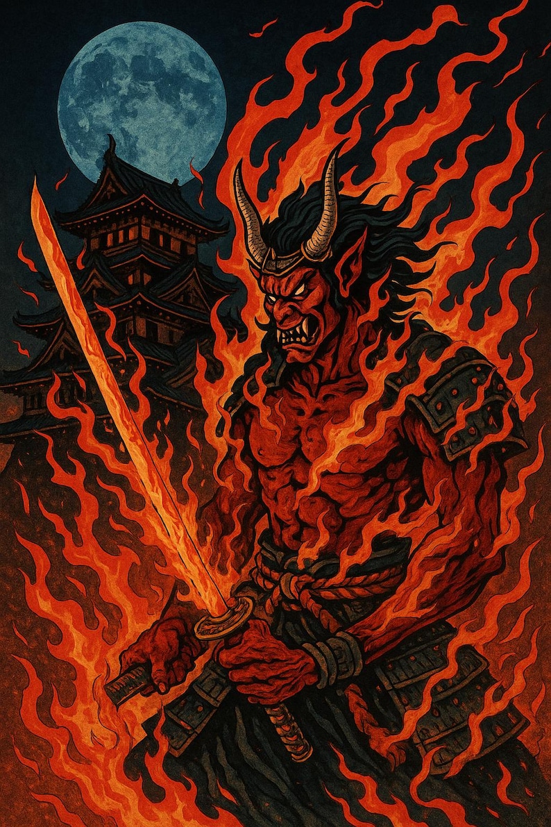 Oni Samurai With Hellfire Katana – Neo Ukiyo-e Japanese Art Print ...