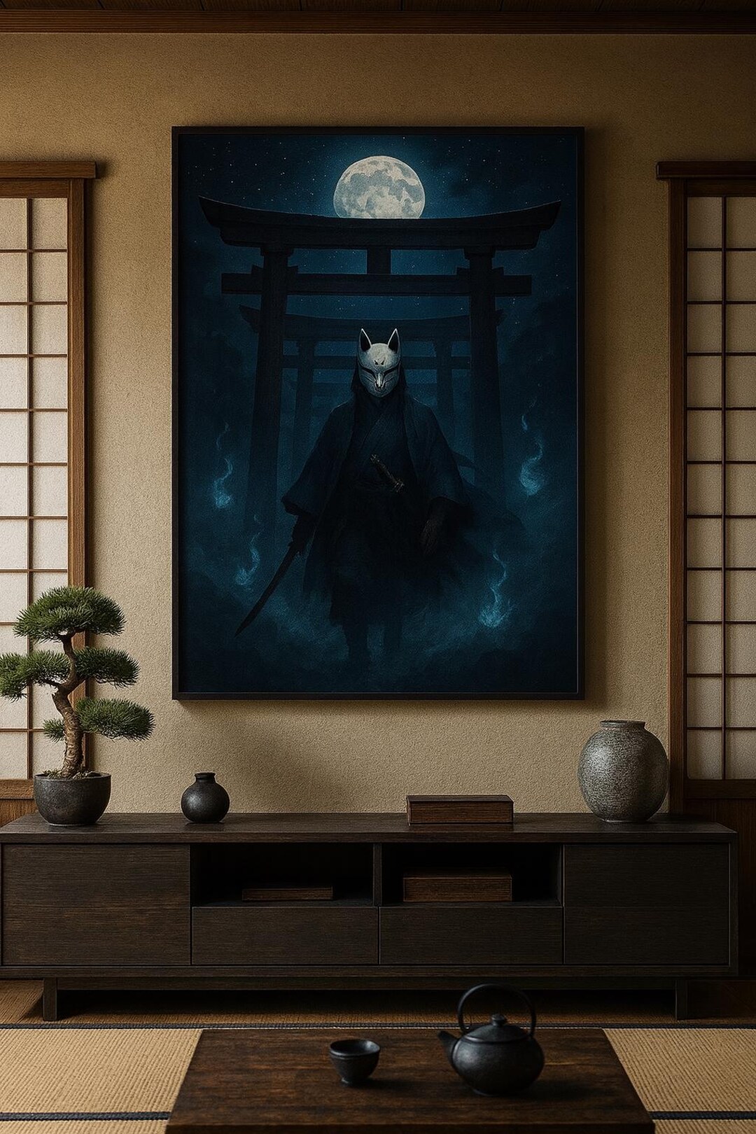 Kitsune Samurai Under the Moon – Torii Gate Path, Mist and Foxfire ...