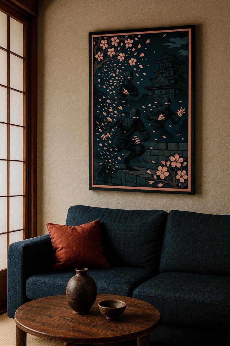 Ninja Wall Art - Samurai Ninja in Sakura Night, Japanese Castle, Neo ...