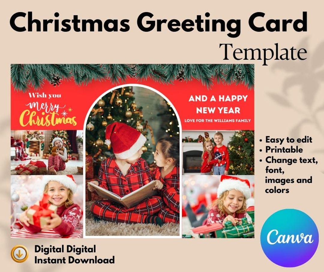 Editable Christmas Card Canva Template, Holiday Family Photo (digital ...