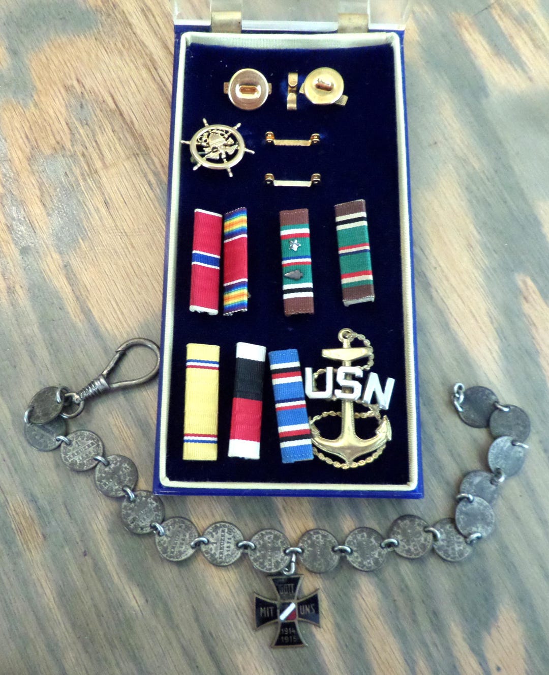 Collection of Older Military Items Ribbons Pins USN on Anchor Silver ...