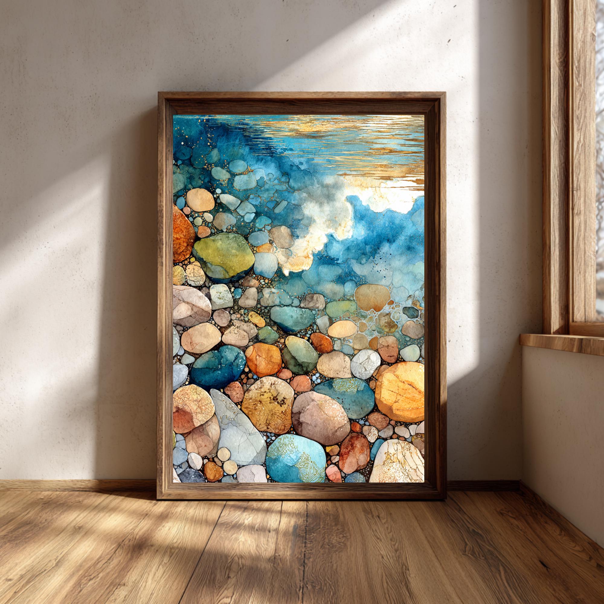 Pebble Beach Wall Art, Watercolor Seascape Canvas, Elegant Natural ...