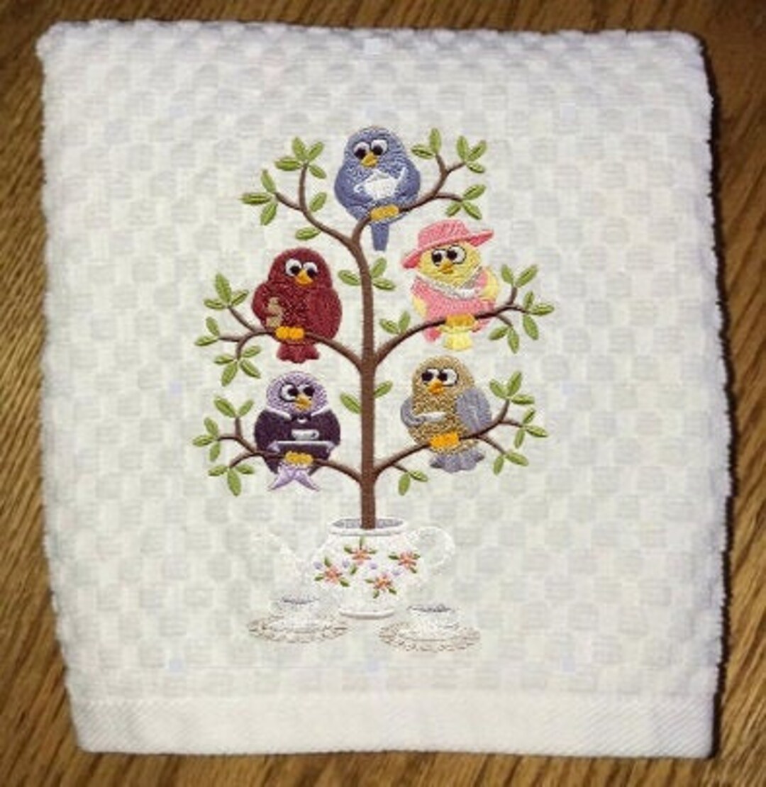 Machine Embroidered tea Time Tweets Waffle Weave/gift for Tea Lover ...