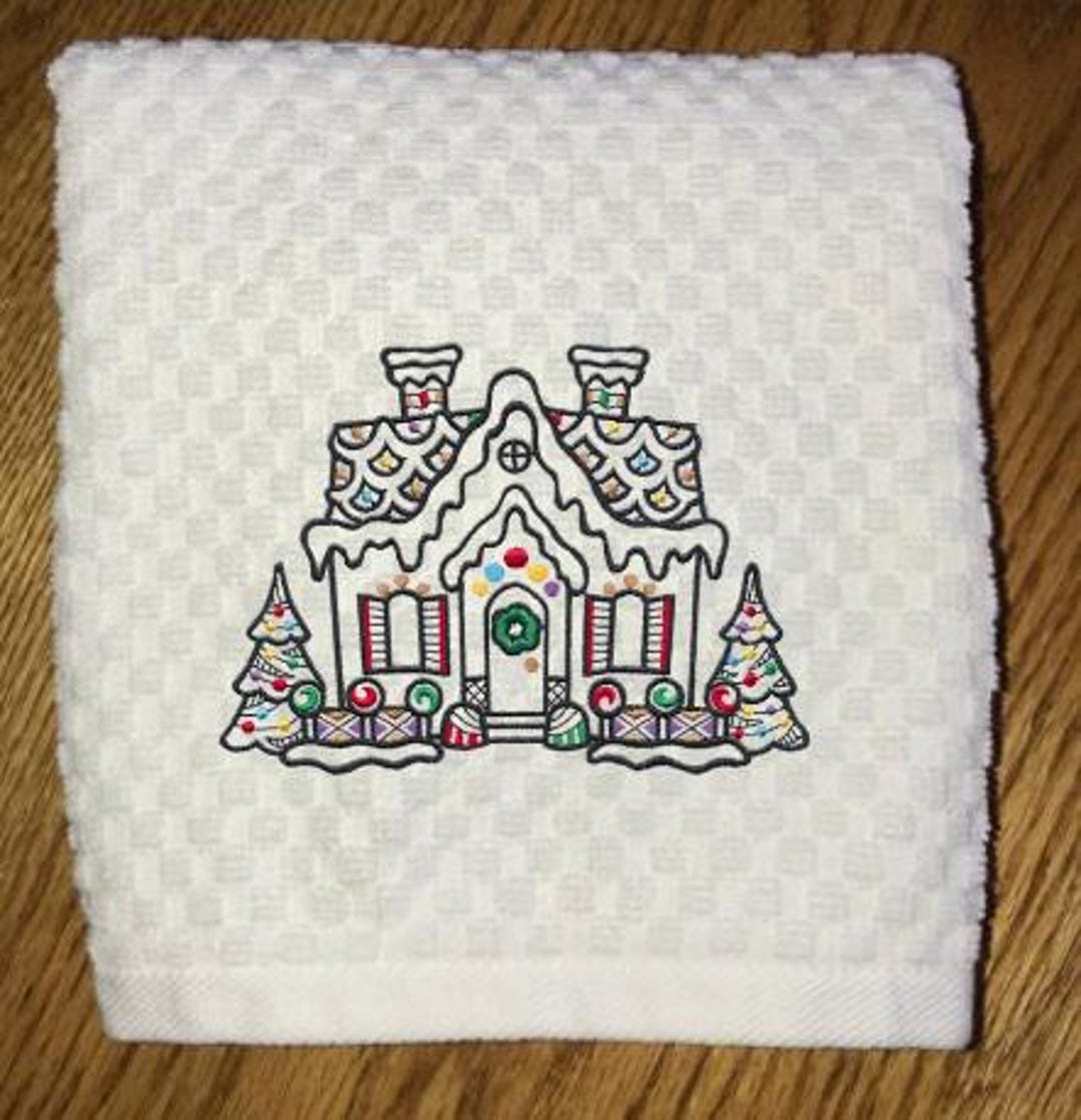 Machine Embroidered gingerbread House 2 blackwork Design on White Hand ...