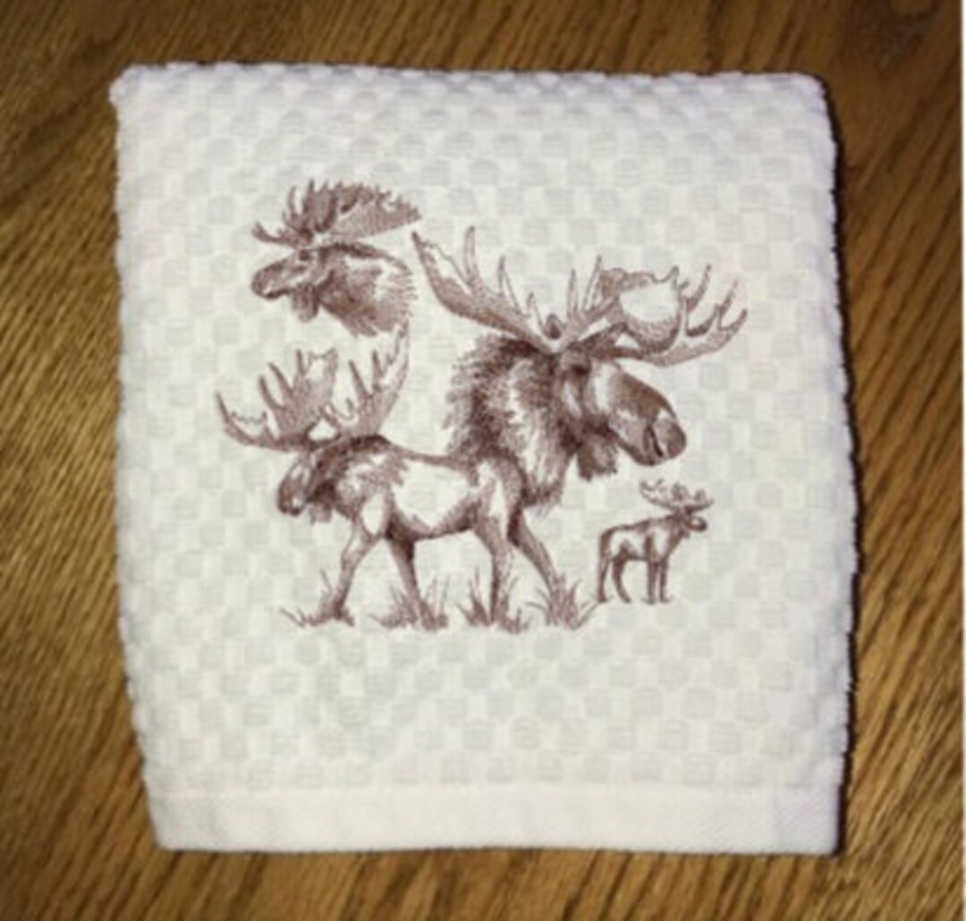 Machine Embroidered single Color Moose Sketch Design White Hand Towel ...