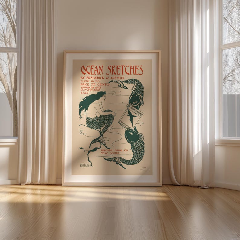 Vintage Mermaid Wall Art Print, Ocean Sketches Book Cover Poster ...