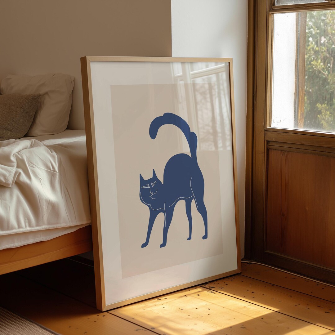Blue Cat Line Art Print – Modern Minimalist Animal Poster - Etsy