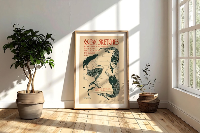 Vintage Mermaid Wall Art Print, Ocean Sketches Book Cover Poster ...