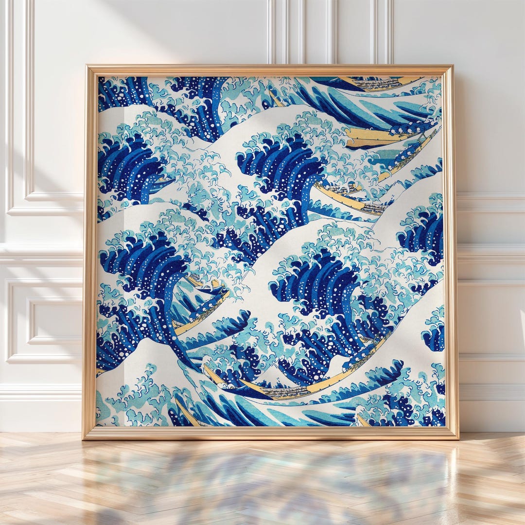 Square Japanese Wave Wall Art Print, Hokusai Inspired Ocean Pattern ...