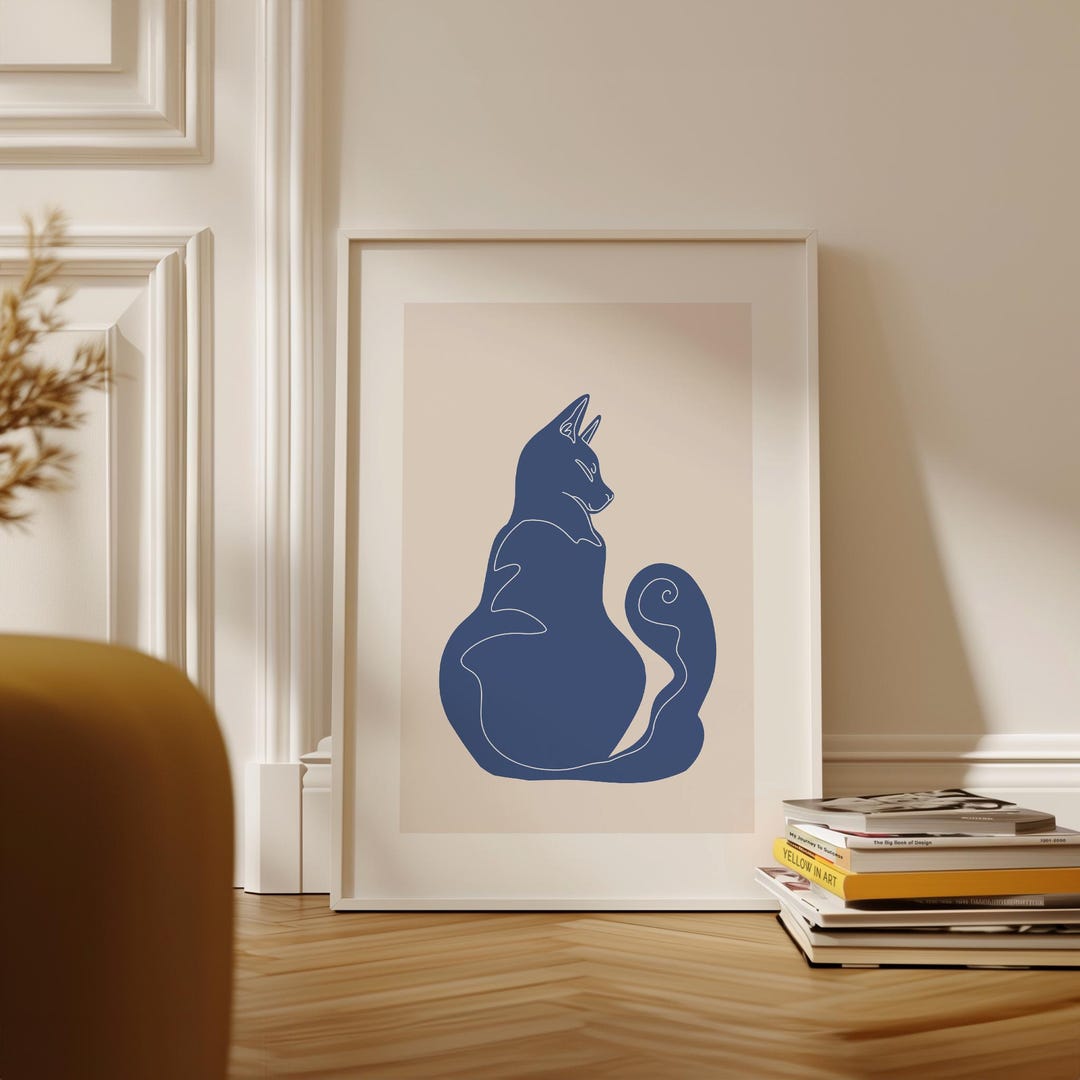Blue Cat Line Art Print – Modern Minimalist Feline Silhouette Poster ...