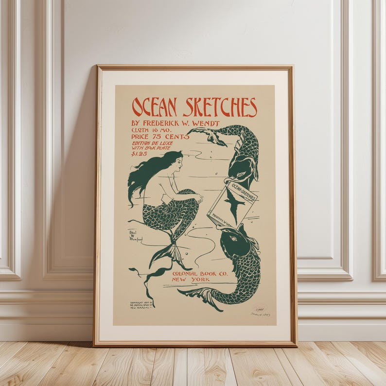 Vintage Mermaid Wall Art Print, Ocean Sketches Book Cover Poster ...