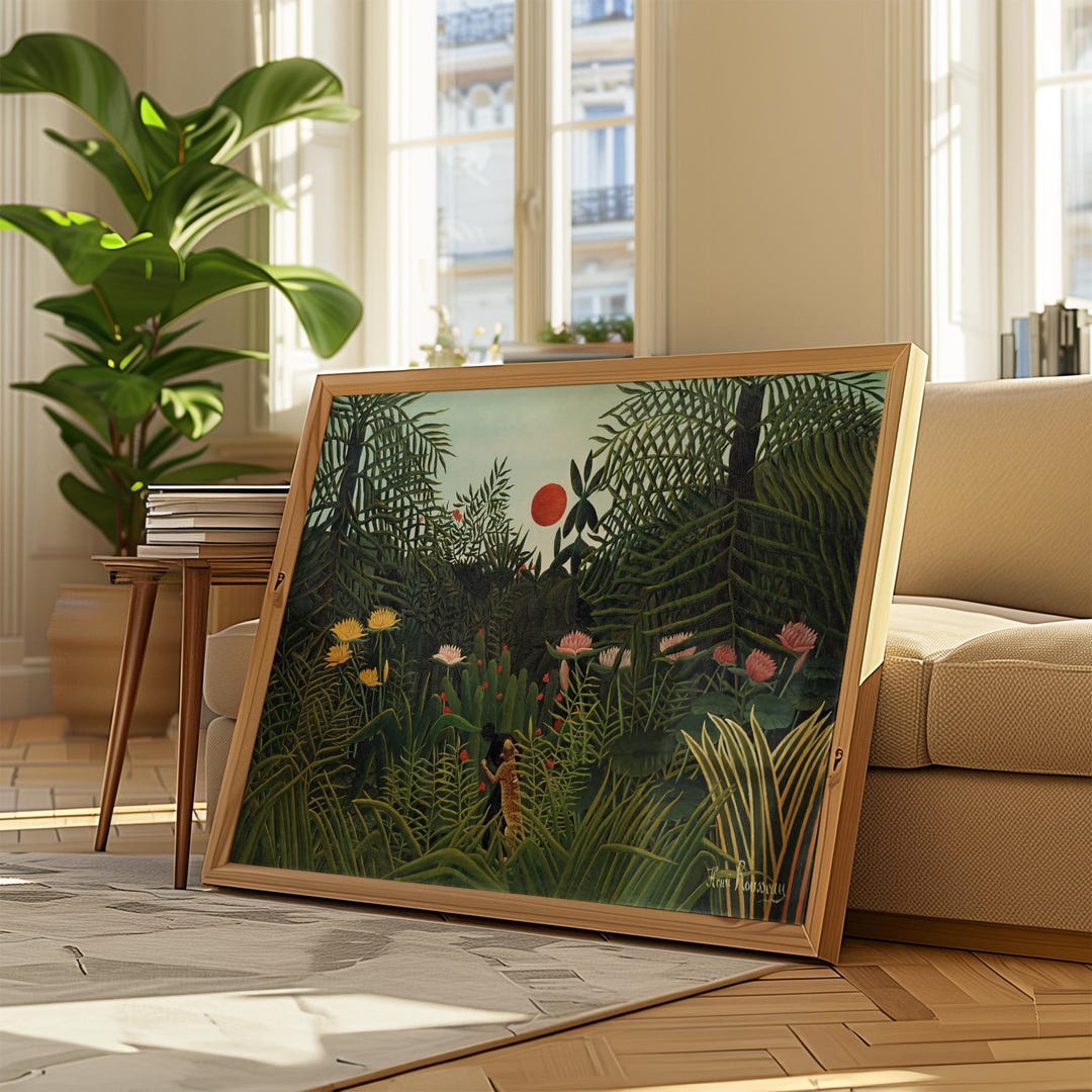Henri Rousseau Jungle Art Print With Red Sun, Surreal Botanical ...