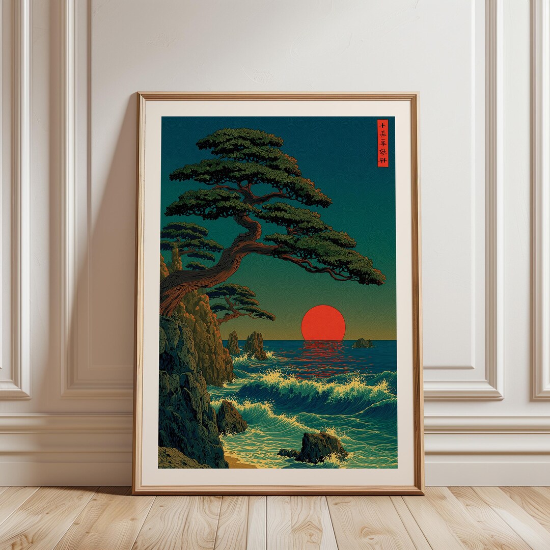 Japanese Seascape Wall Art Print, Traditional Style Sunset With Pine ...
