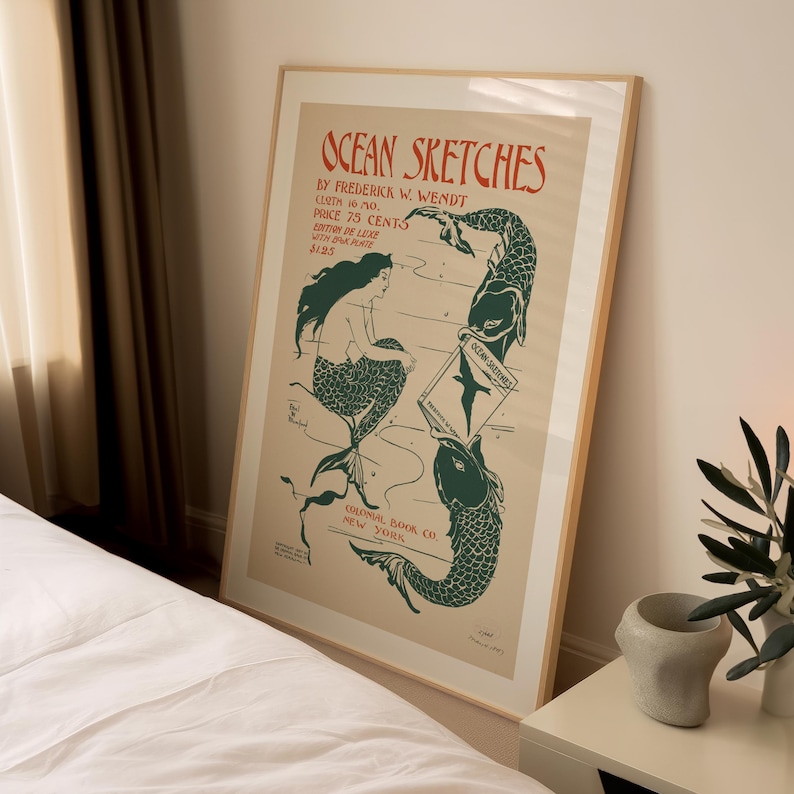 Vintage Mermaid Wall Art Print, Ocean Sketches Book Cover Poster ...