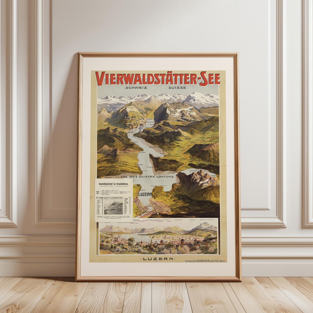 Vintage Swiss Travel Map Wall Art Print, Vierwaldstättersee Lake ...
