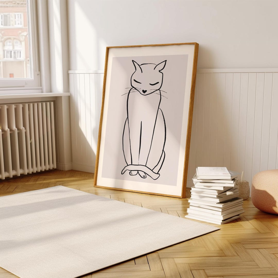Minimal Cat Line Art Print, Boho Animal Wall Art in Soft Neutral Beige ...