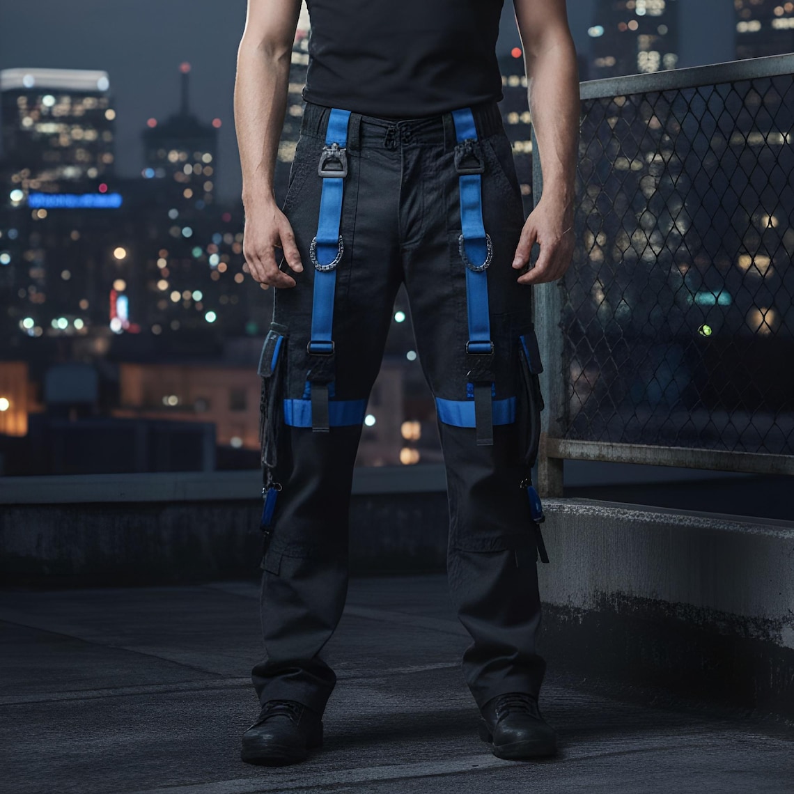 Cyberpunk Techwear Cargo Pants With Blue Straps & Chains, Black Utility ...