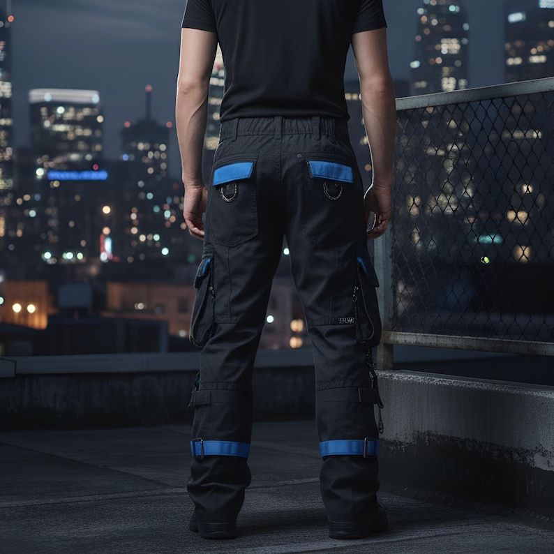 Cyberpunk Techwear Cargo Pants With Blue Straps & Chains, Black Utility ...