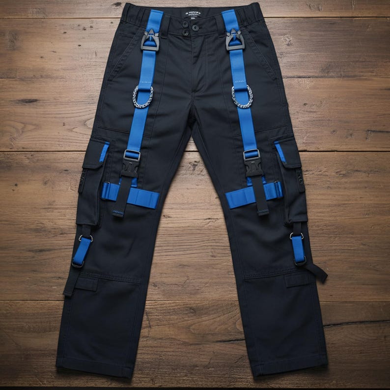 Cyberpunk Techwear Cargo Pants With Blue Straps & Chains, Black Utility ...
