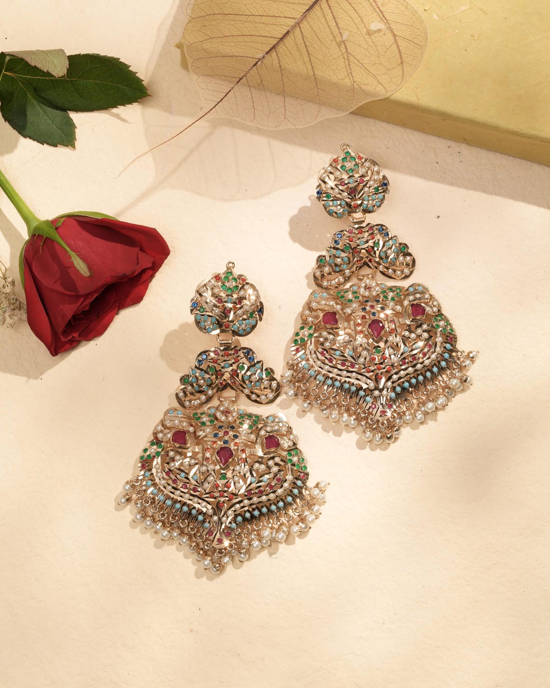 Gold Filled Polki Ruby Chandbali Emerald Chandelier Pearl Earrings ...